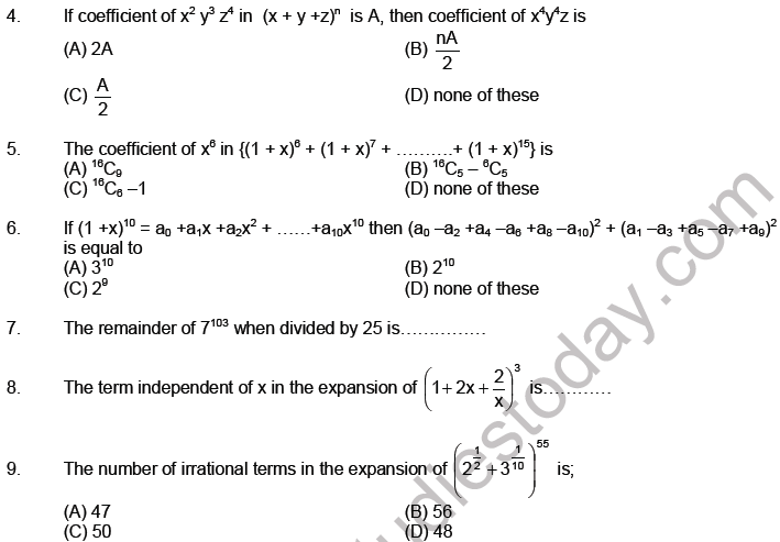 JEE Mathematics Binomial Theorem MCQs Set C with Answers